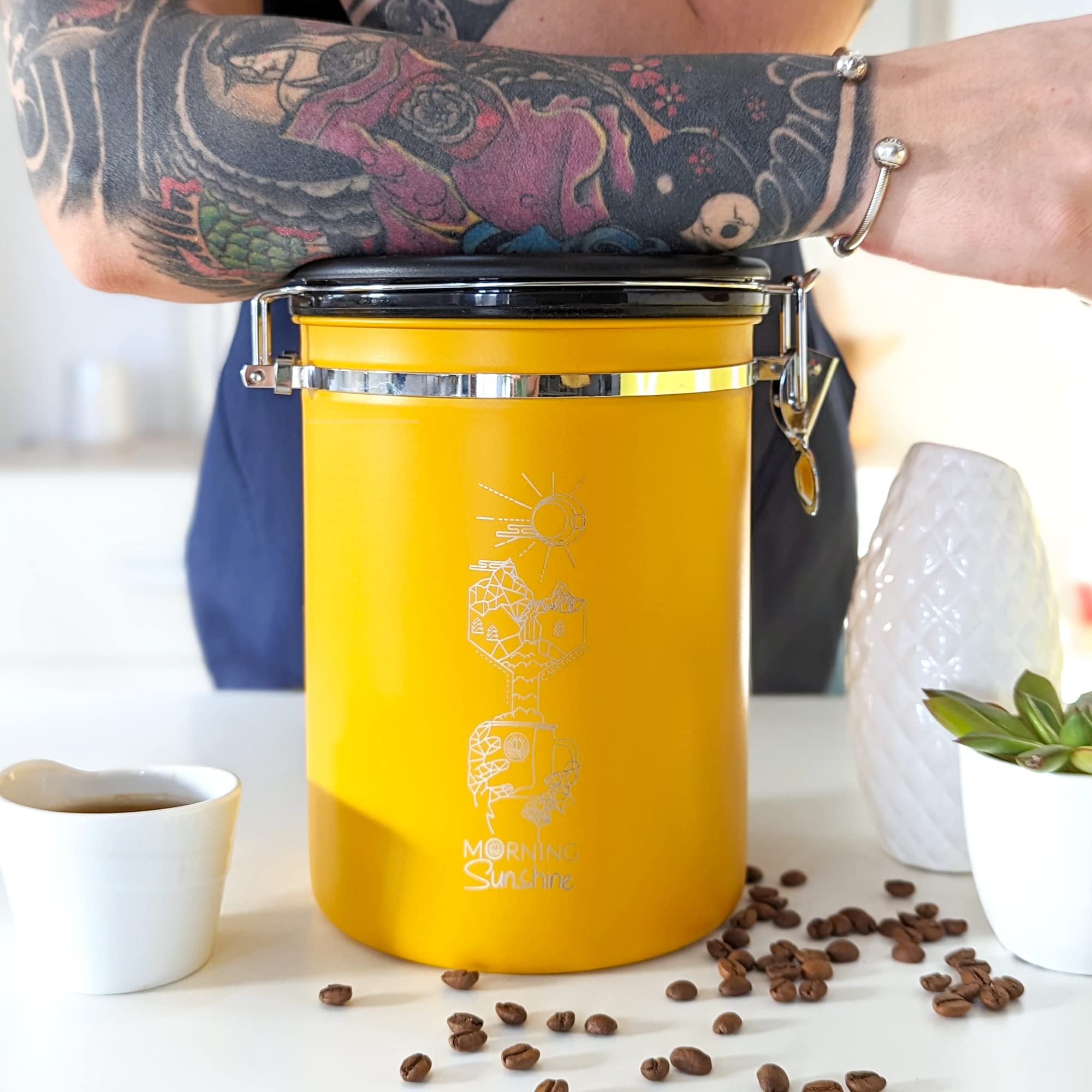 CafetastiQ 38oz / 22oz Coffee Canister β Airtight Stainless Steel Storage Container with Date Tracker & Scoop, Sealed Jar for Grounds, Beans, Tea, Flour, Cereal, and Sugar (Yellow Morning, 38OZ)