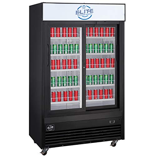 Elite Kitchen Supply Commercial 2 Sliding Glass Door Refrigerator Merchandiser, ETL NSF Upright Display Fridge Cooler Stainless Steel 2 Section 47" W 33.3 cu. ft. Fan Cooling, Restaurant