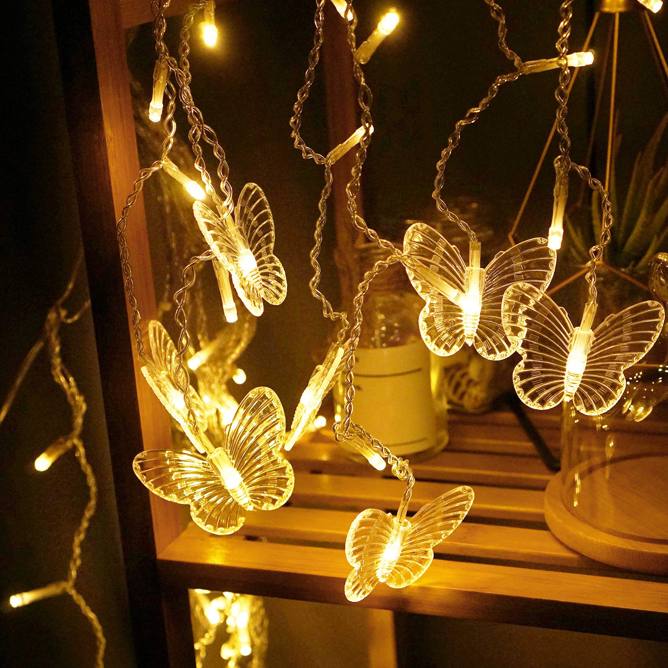 Cynzia Butterfly Curtain Lights, 8 Modes 48LED Twinkle String Light with Remote 4.9FT USB Powered Window Fairy Light, Decorative Lights for Bedroom, Party, Wedding, Holiday, Christmas (Warm White)