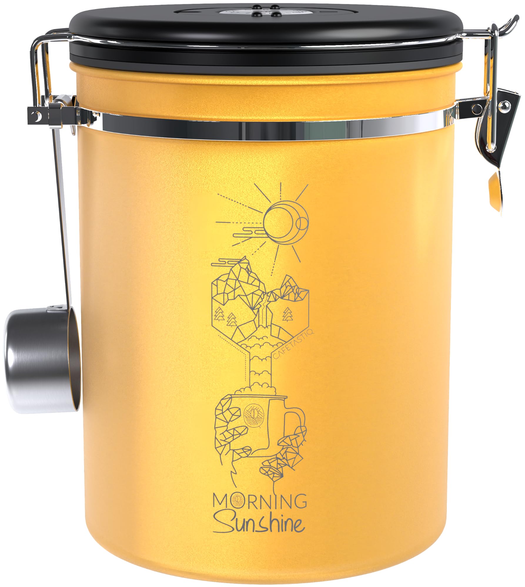 CafetastiQ 38oz / 22oz Coffee Canister – Airtight Stainless Steel Storage Container with Date Tracker & Scoop, Sealed Jar for Grounds, Beans, Tea, Flour, Cereal, and Sugar (Yellow Morning, 38OZ)