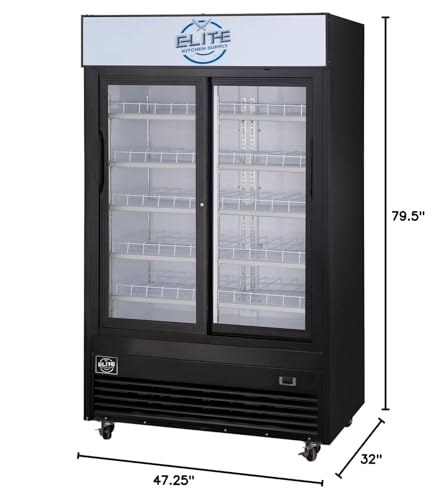 Elite Kitchen Supply Commercial 2 Sliding Glass Door Refrigerator Merchandiser, ETL NSF Upright Display Fridge Cooler Stainless Steel 2 Section 47" W 33.3 cu. ft. Fan Cooling, Restaurant