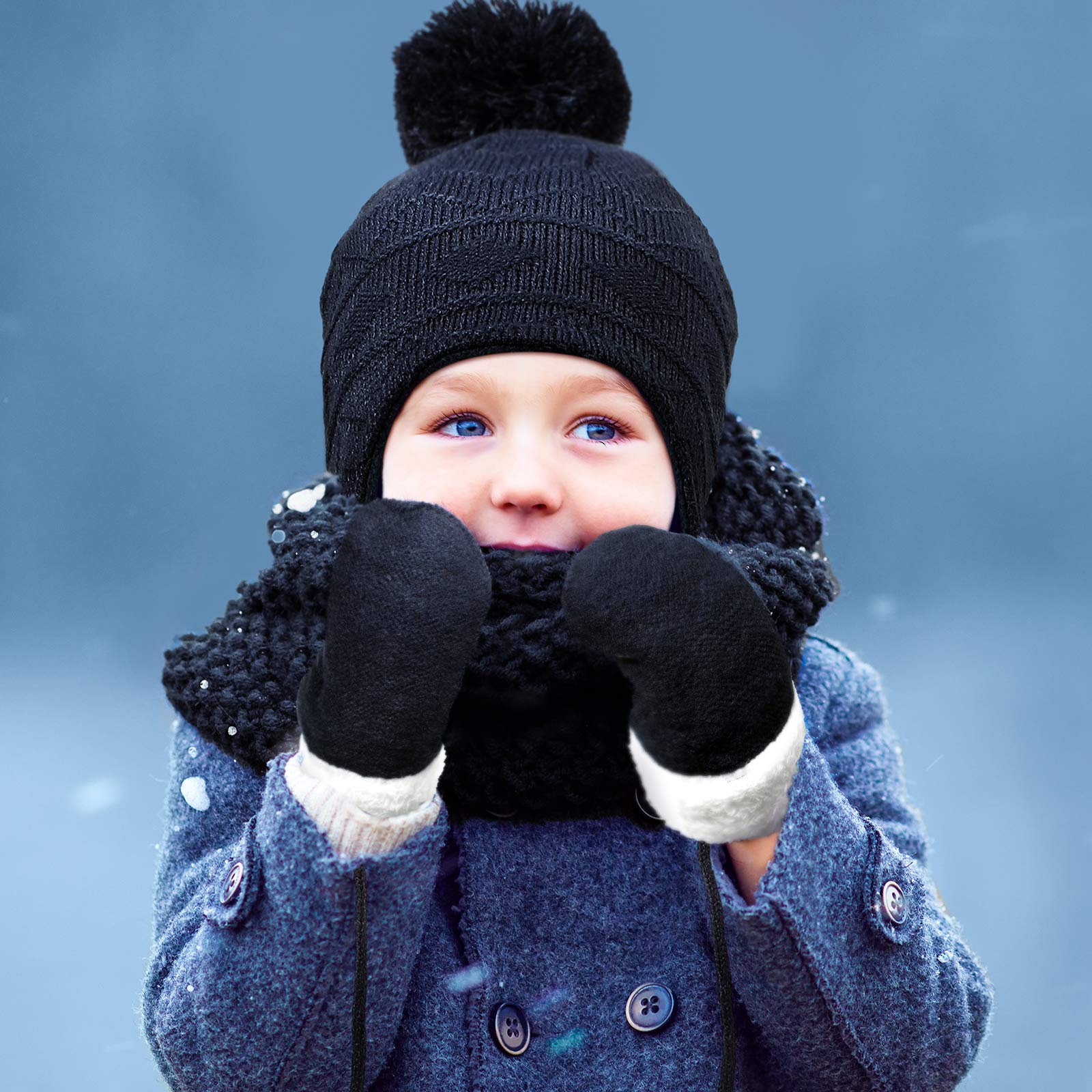 Winter Toddler Hat and Mittens Knit Earflap Hat and Fleece Mitten Gloves Set for Baby Boys Girls(Navy Blue)