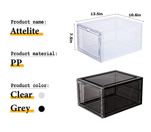 Attelite 6 Pack Large Drop Front Shoe Box+ 6 Pack Side Open Black Clear Plastic Shoe Storage Box, As Stackable Shoe Containers for Display Sneakers