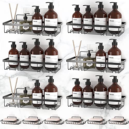 Amorettise 12 Pack Shower Caddy, Shower Shelves - 6 Pack Adhesive Bathroom Shower Shelf No Drilling with 6 Soap Holders, Stainless Shower Rack Bathroom Organizer for Storage Decor (Black)