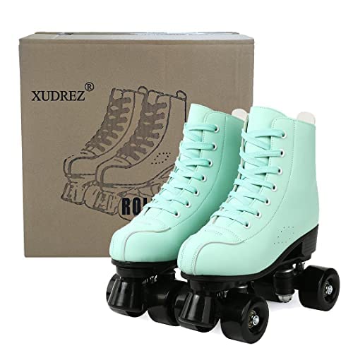 XUDREZ Roller Skates for Women Cozy Green PU Leather High-top Roller Skates for Beginner, Professional Indoor Outdoor Double-Row Roller Skates with Shoes Bag (Black Wheel,39)