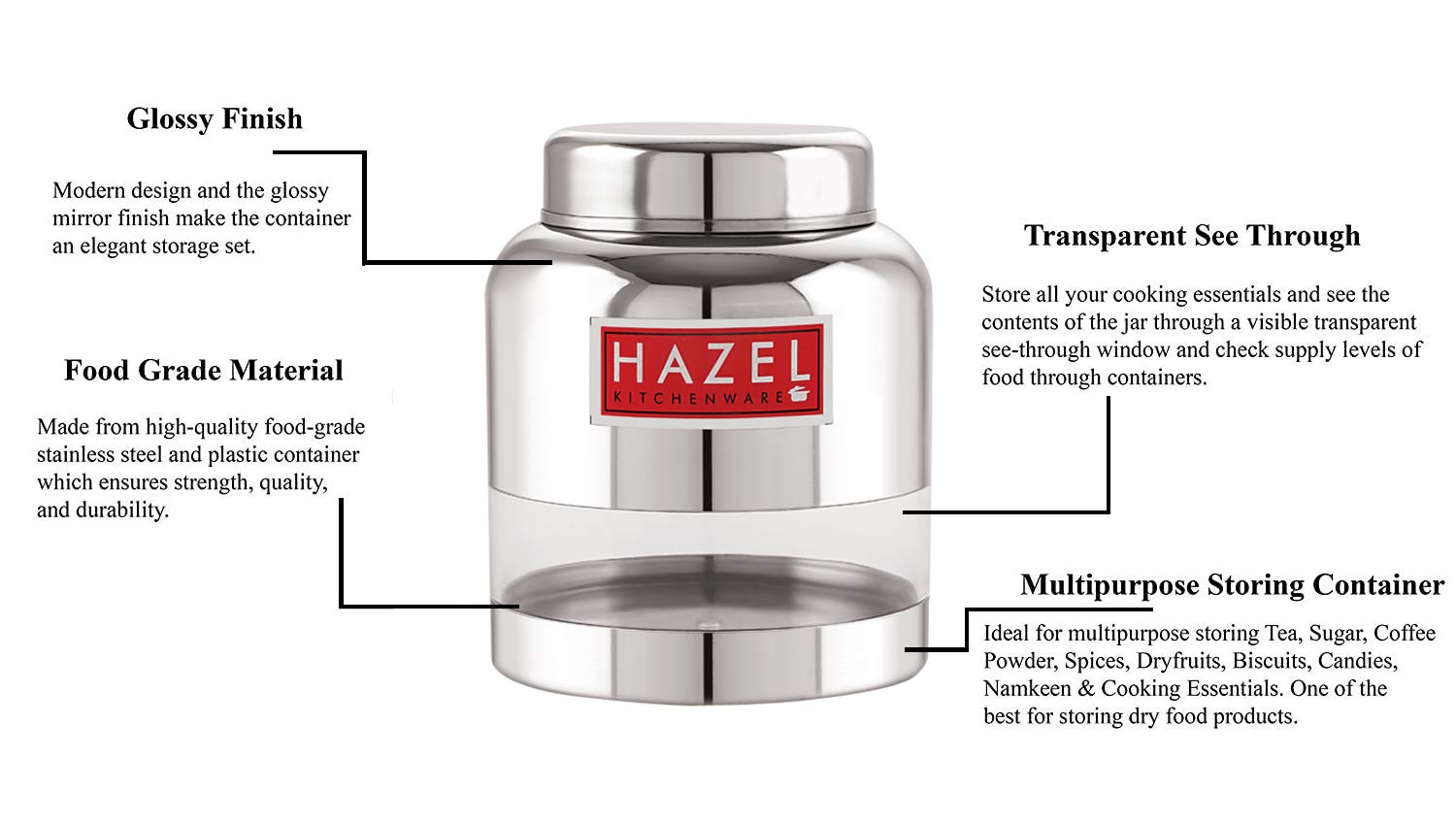HAZEL Stainless Steel Kitchen Containers With Airtight Lid | 1000 Ml Barni Shape Container With Glossy Finish | Multipurpose Storage Box For Kitchen Containers, Set Of 6, Silver