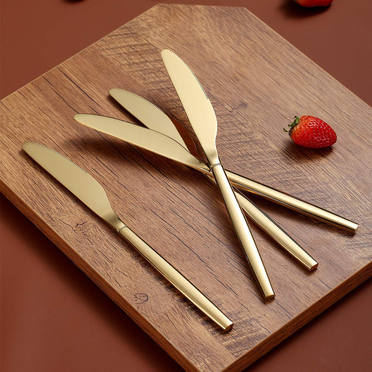 Berglander Gold Dinner Knives Set Of 4, Titanium Shiny Gold Plating Stainless Steel Dinner Knife, Butter Knife Table Knives Dishwasher Safe