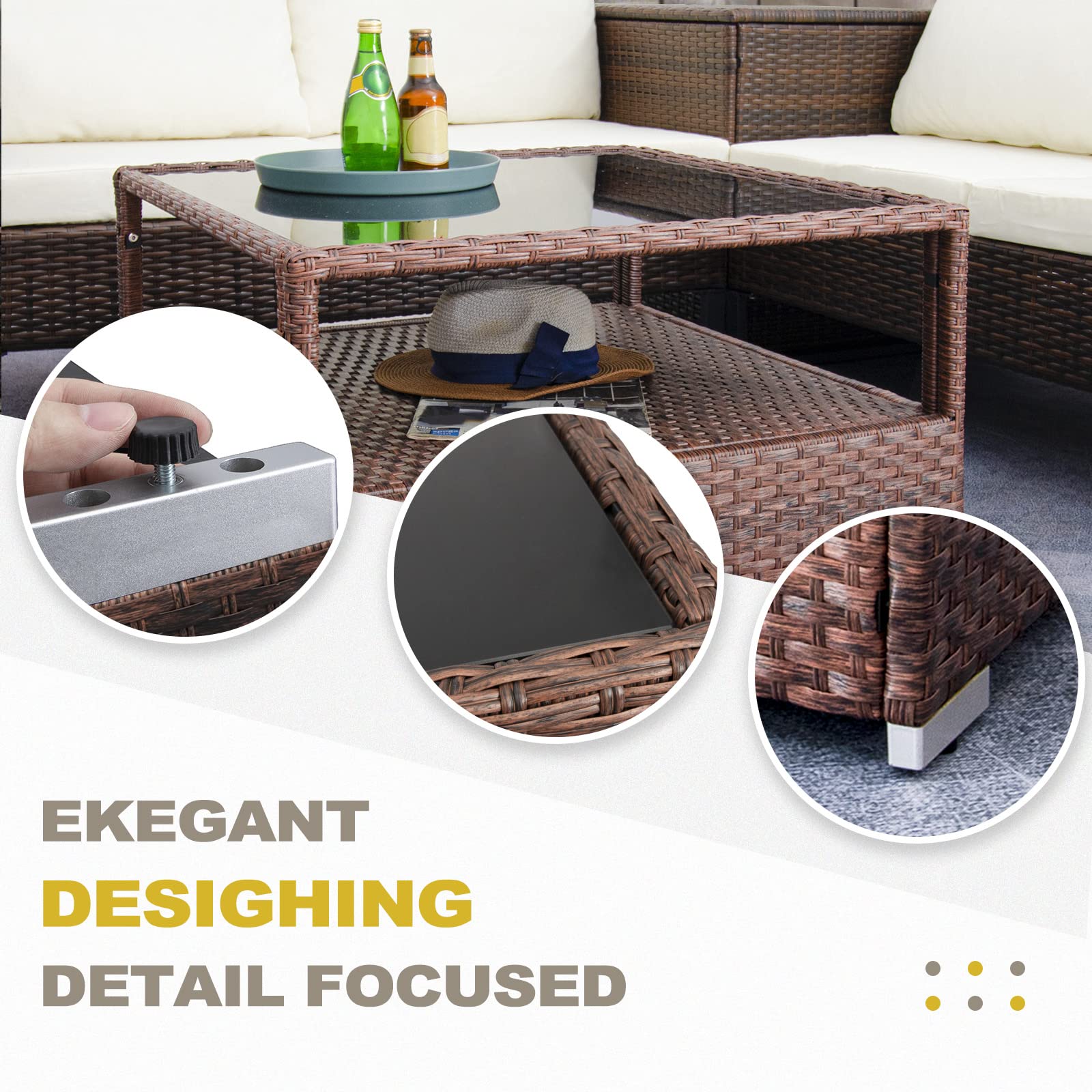 DIMAR GARDEN Outdoor Coffee Table Wicker Patio Rattan Side Table with Glass Top and Storage Shelf,29.5in Mixed Brown
