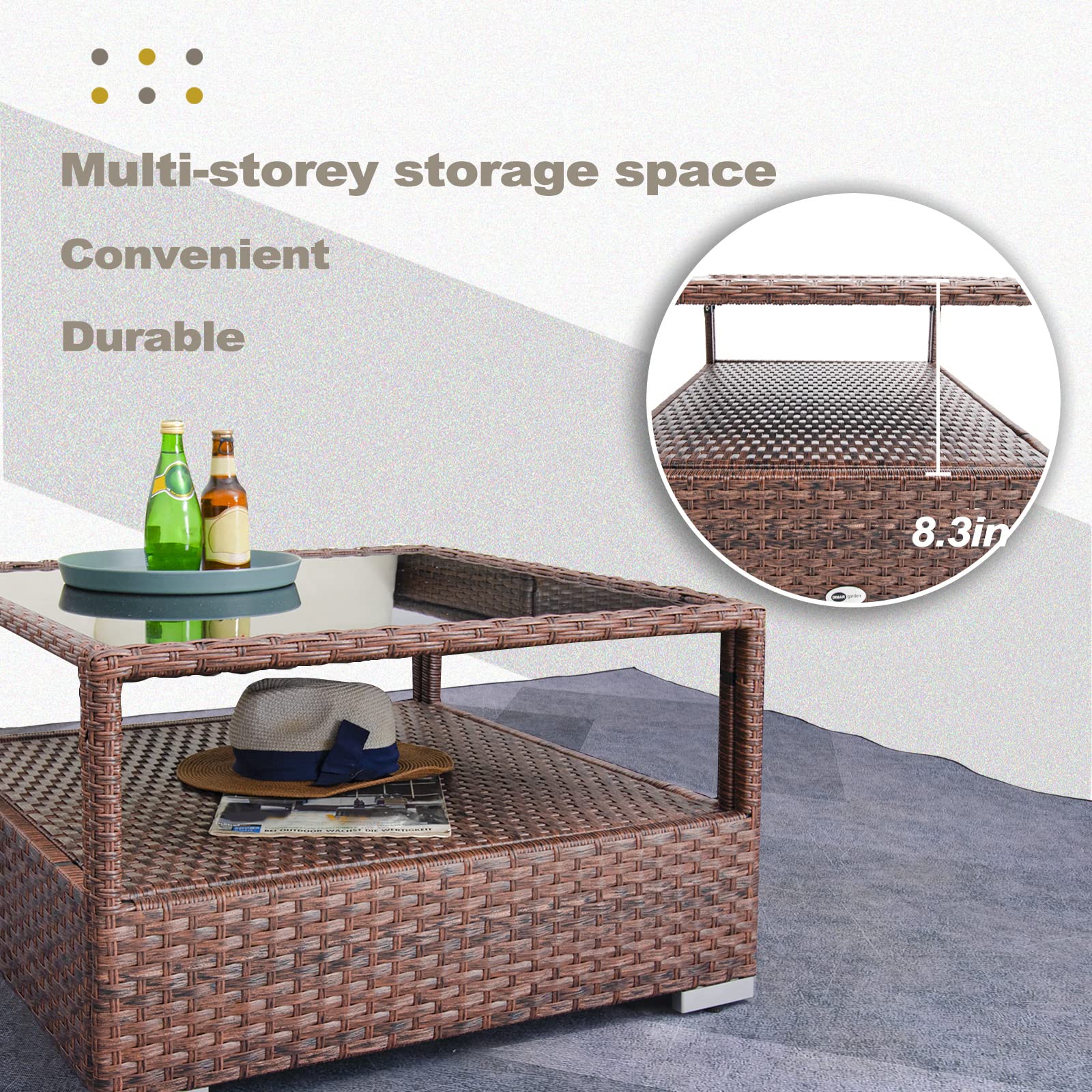 DIMAR GARDEN Outdoor Coffee Table Wicker Patio Rattan Side Table with Glass Top and Storage Shelf,29.5in Mixed Brown