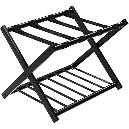GOFLAME Folding Luggage Rack Metal Suitcase Luggage Stand for Home Bedroom Hotel with Shelf, Black