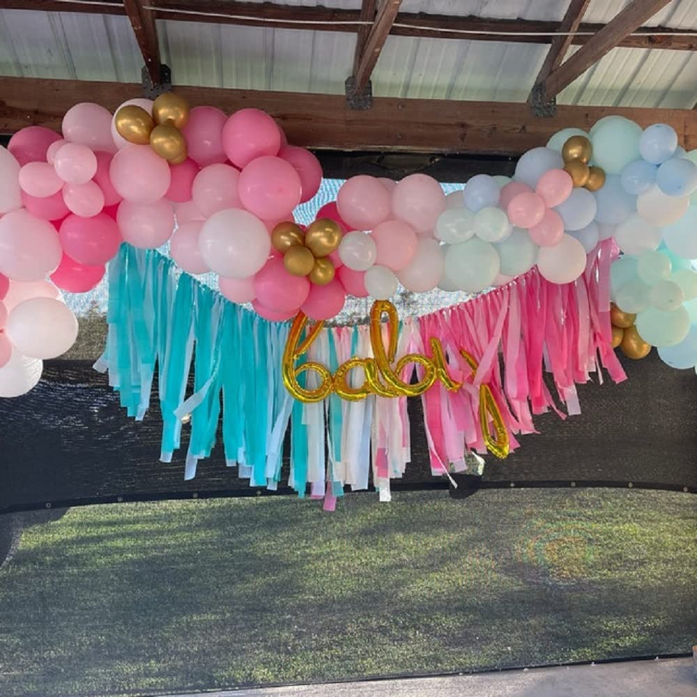 melody fantasy 200 Plastic Strips Pink Blue White Streamers Backdrop Pastel Streamers Fringe Backdrop for Gender Reveal Party Background Streamers Decorations Winter Wonderland Baby Shower Birthday