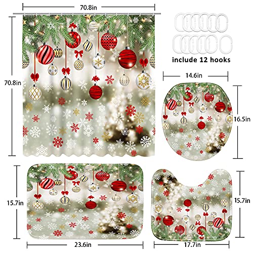 ArtSocket 4 Pcs Shower Curtain Set Colorful Christmas Balls Snowflakes with Non-Slip Rugs Toilet Lid Cover and Bath Mat Bathroom Decor Set 72" x 72"