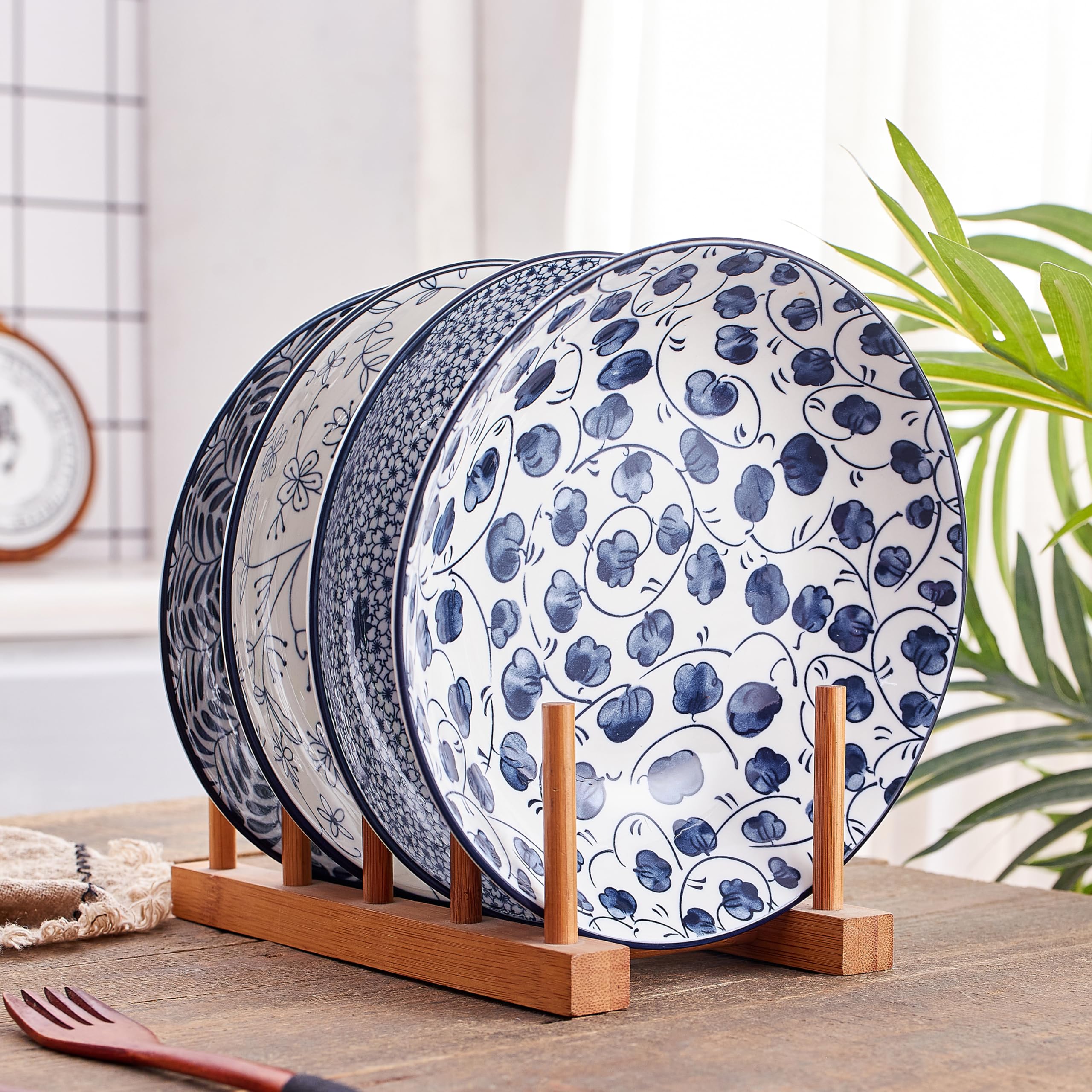 Swuut Ceramic Pasta Bowls Set,Blue and White 8 inch Salad Bowl Floral Dinner Shallow Plates Set of 4, Serving Bread Appetizer Dessert Snack (8 Inch)