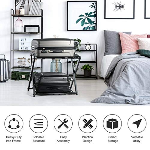 GOFLAME Folding Luggage Rack Metal Suitcase Luggage Stand for Home Bedroom Hotel with Shelf, Black