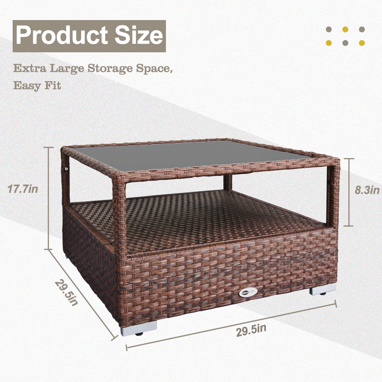 DIMAR GARDEN Outdoor Coffee Table Wicker Patio Rattan Side Table with Glass Top and Storage Shelf,29.5in Mixed Brown
