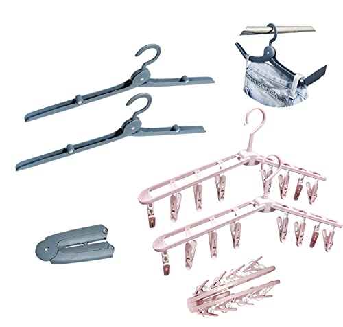 Fineget Collapsible Travel Shorts Skirt Shirt Socks Hangers with Clips Foldable Pants Clothes Plastic Suit Hangers Non Slip Closet Blue Organizer Retail Displays (Grey 2 Pcs, Pink 2 Pcs)
