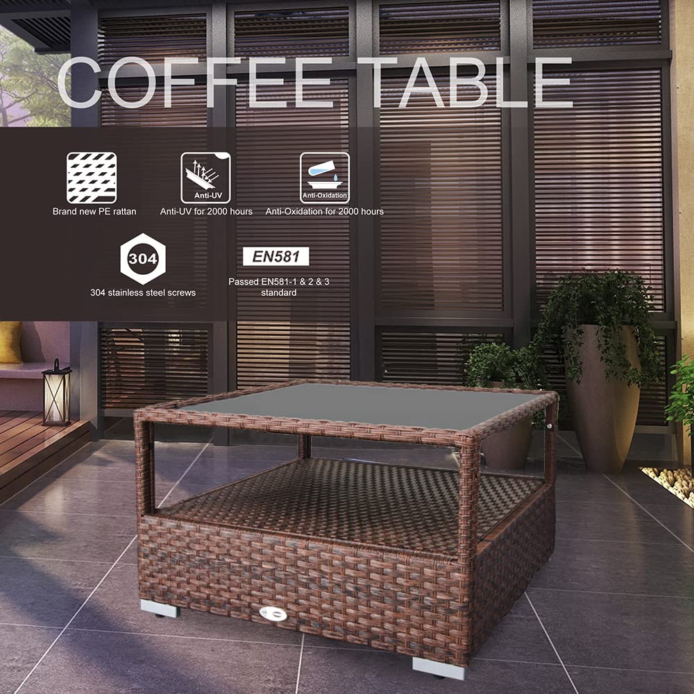 DIMAR GARDEN Outdoor Coffee Table Wicker Patio Rattan Side Table with Glass Top and Storage Shelf,29.5in Mixed Brown
