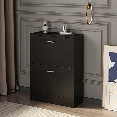 FUFU&GAGA Shoe Cabinet with 2 Flip Drawers for Entryway, Modern Shoe Storage Cabinet, Freestanding Shoe Rack Storage Organizer (23.6”W x 9.4”D x 31.4”H) (Black/Brown)
