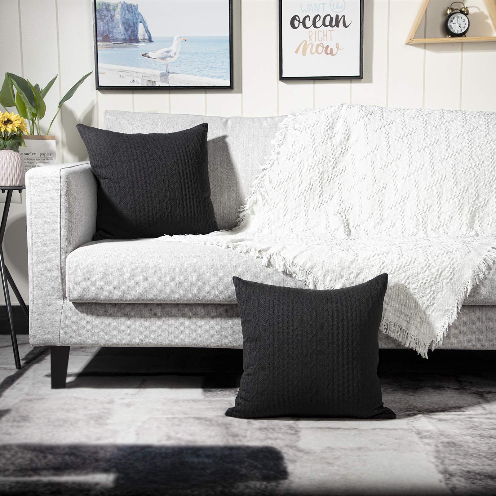 Yaertun Pack of 2 Super Soft Decorative Throw Pillow Covers Square Cushion Cases Pillowcases for Couch Sofa Bedroom Car Modern Embossed Patterned,16 x 16 inch,Black