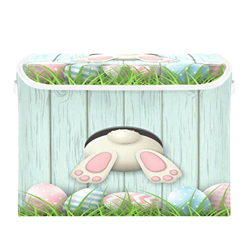Storage Bins with Lids Foldable Storage Baskets Storage Cubes Collapsible Closet Organizer Containers with Cover Easter Bunny White Rabbit Eggs on Green Wooden for Home Office Organizer Closet, Shelv