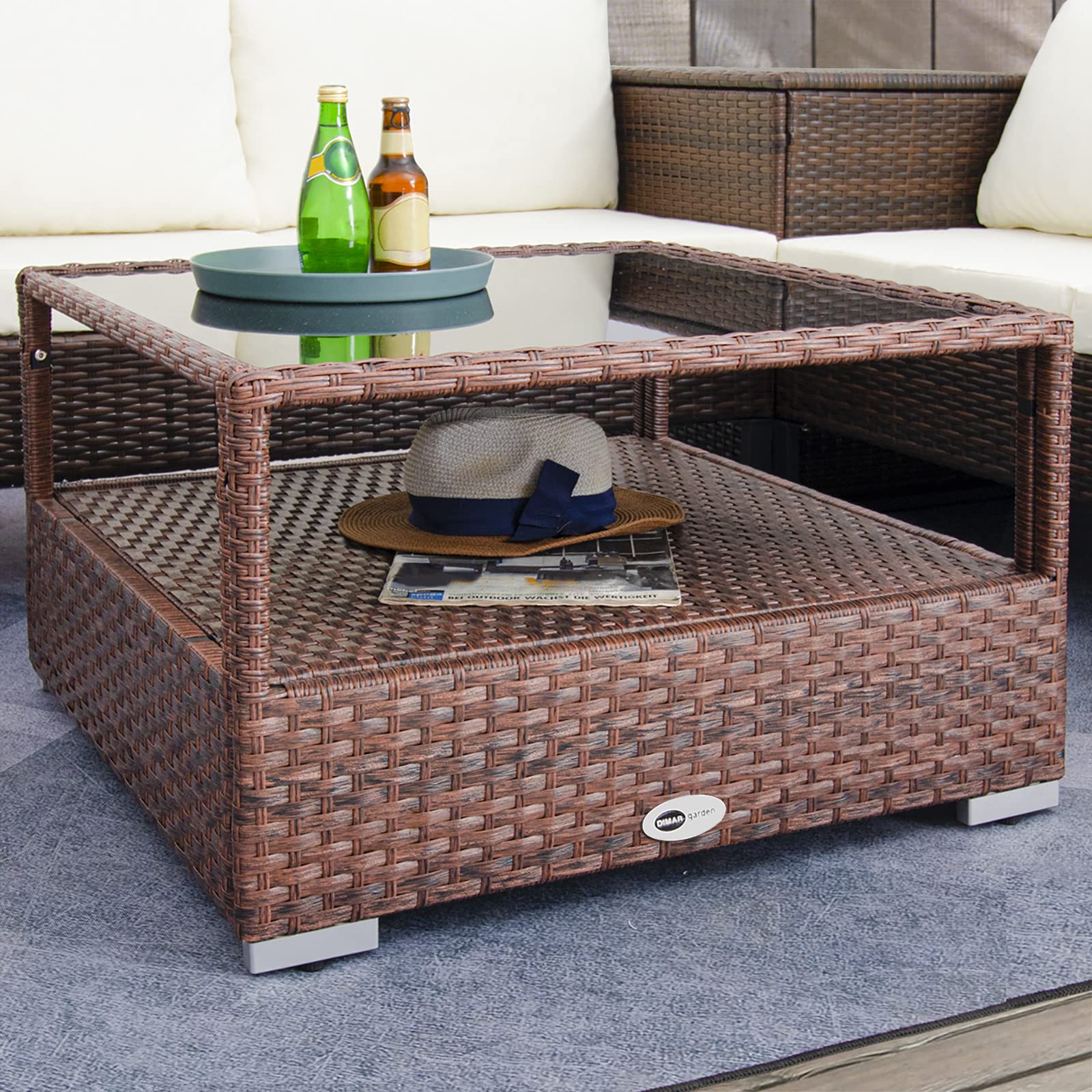 DIMAR GARDEN Outdoor Coffee Table Wicker Patio Rattan Side Table with Glass Top and Storage Shelf,29.5in Mixed Brown