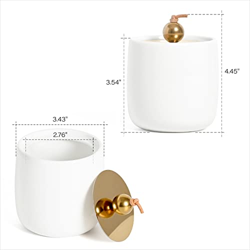 2 Pack Ceramic Qtip Holder Dispenser with Gold Lids, White Apothecary Jars Bathroom Vanity Organizer - Bathroom Canister for Cotton Swabs, Rounds, Balls, Makeup Sponges, Bath Salts