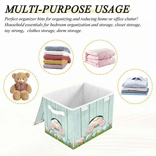 Storage Bins with Lids Foldable Storage Baskets Storage Cubes Collapsible Closet Organizer Containers with Cover Easter Bunny White Rabbit Eggs on Green Wooden for Home Office Organizer Closet, Shelv