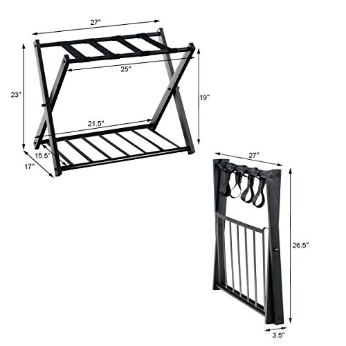 GOFLAME Folding Luggage Rack Metal Suitcase Luggage Stand for Home Bedroom Hotel with Shelf, Black