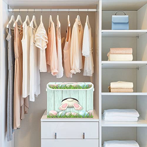 Storage Bins with Lids Foldable Storage Baskets Storage Cubes Collapsible Closet Organizer Containers with Cover Easter Bunny White Rabbit Eggs on Green Wooden for Home Office Organizer Closet, Shelv