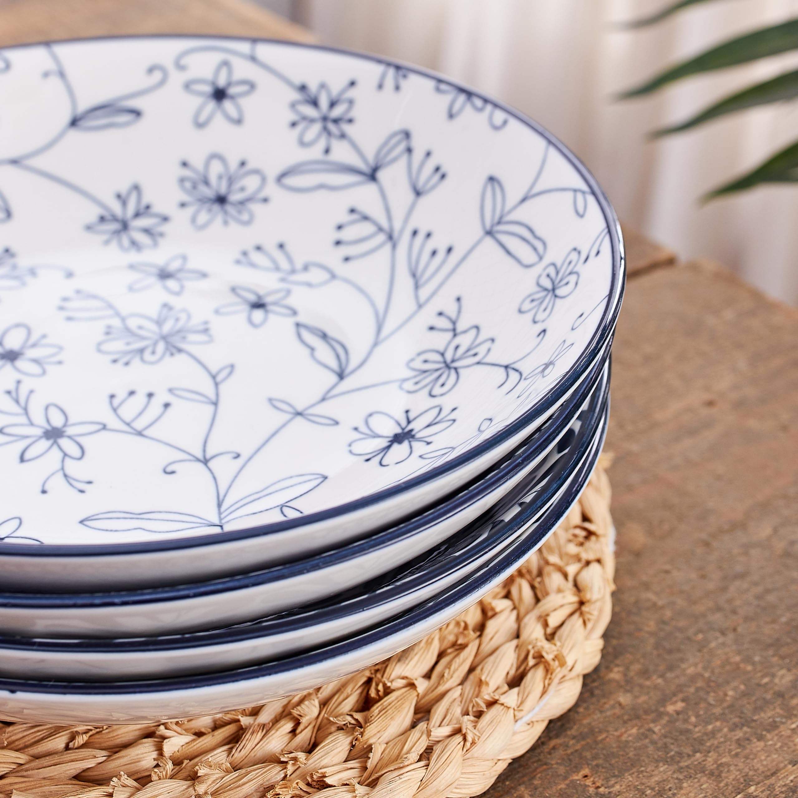 Swuut Ceramic Pasta Bowls Set,Blue and White 8 inch Salad Bowl Floral Dinner Shallow Plates Set of 4, Serving Bread Appetizer Dessert Snack (8 Inch)