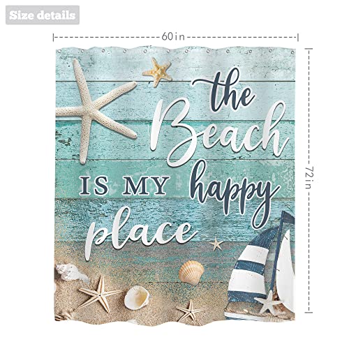 LIGHTINHOME Beach Shower Curtain 60Wx72H Inches Rustic Wooden Plank Positive Inspirational Quote Coastal Ship Starfish Seashell Cloth Fabric Waterproof Polyester Bathroom Home Decor Set with Hooks