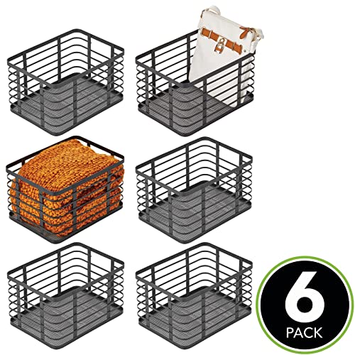 mDesign Metal Steel Wire Storage Basket Bin w/Built-in Handle, Open Top Industrial Design for Closet, Shelf Organization; Organize Clothes, Accessories, Carson Collection - 6 Pack - Matte Black