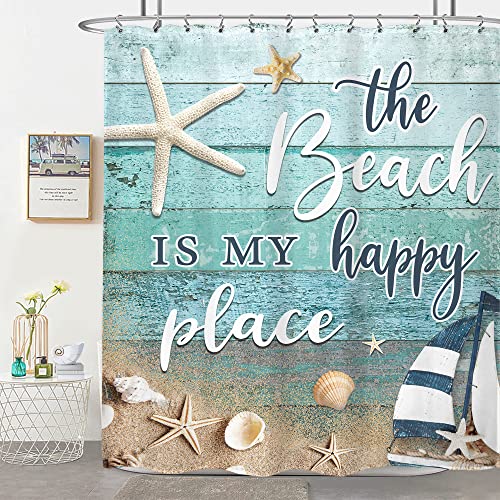 LIGHTINHOME Beach Shower Curtain 60Wx72H Inches Rustic Wooden Plank Positive Inspirational Quote Coastal Ship Starfish Seashell Cloth Fabric Waterproof Polyester Bathroom Home Decor Set with Hooks