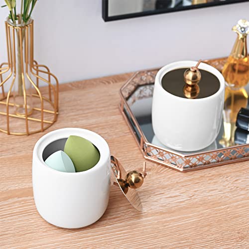 2 Pack Ceramic Qtip Holder Dispenser with Gold Lids, White Apothecary Jars Bathroom Vanity Organizer - Bathroom Canister for Cotton Swabs, Rounds, Balls, Makeup Sponges, Bath Salts