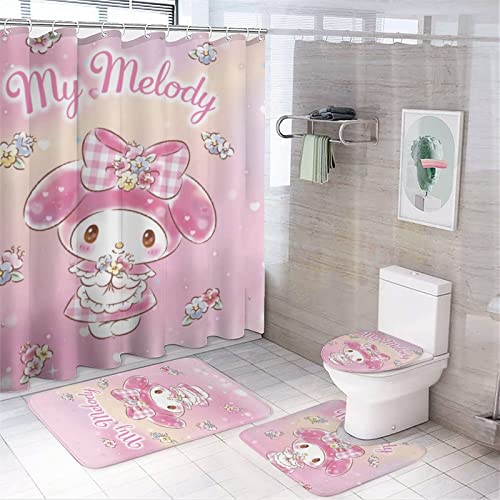 fmsnupz 4PCS Anime Shower Curtain Set, Cute Bathroom Decor with Non-Slip Rugs, Toilet Lid Cover and Bath Mat, Waterproof Fabric Shower Curtains with 12 Hooks, 70.8"x70.8"