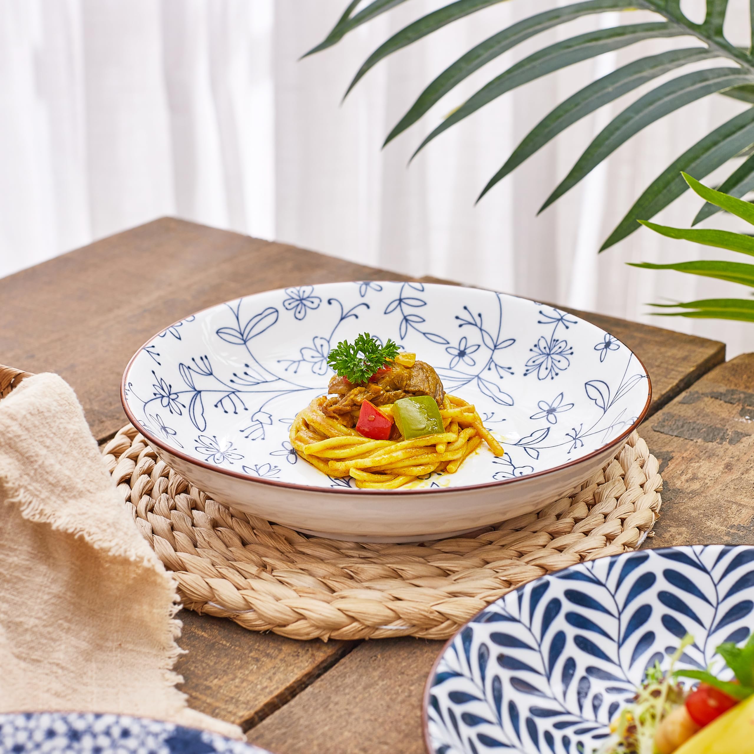 Swuut Ceramic Pasta Bowls Set,Blue and White 8 inch Salad Bowl Floral Dinner Shallow Plates Set of 4, Serving Bread Appetizer Dessert Snack (8 Inch)