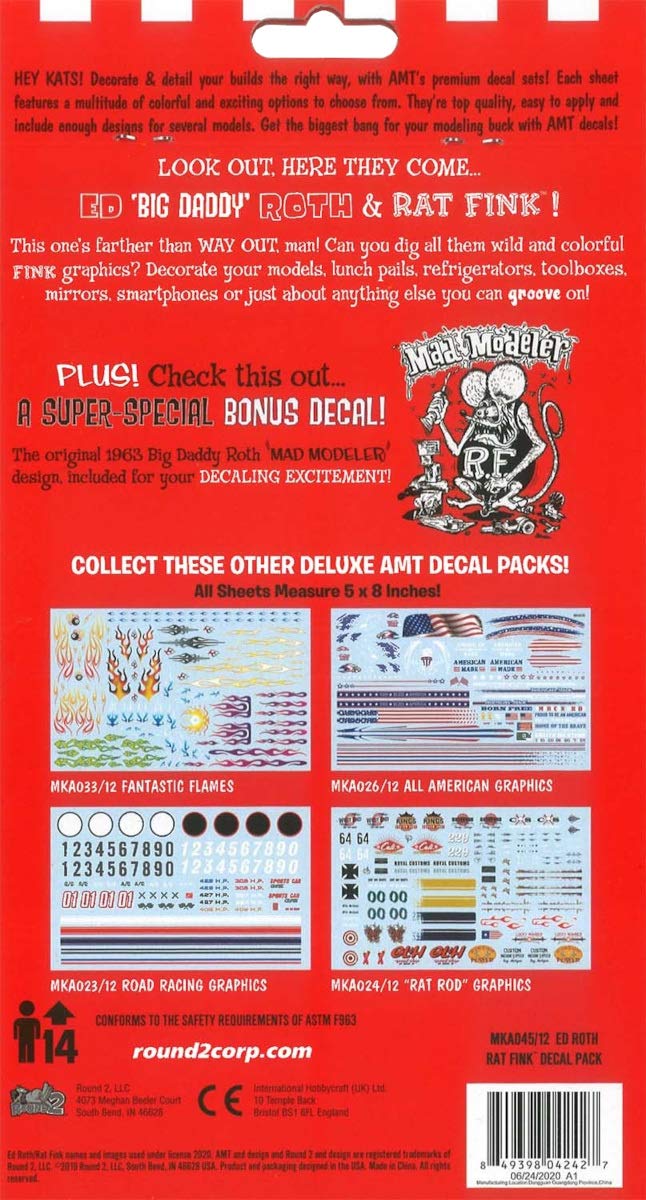 Round 2 Rat Fink Decal Pack (Can be Used on Any 1:25 Scale car or Truck Model) (MKA045)