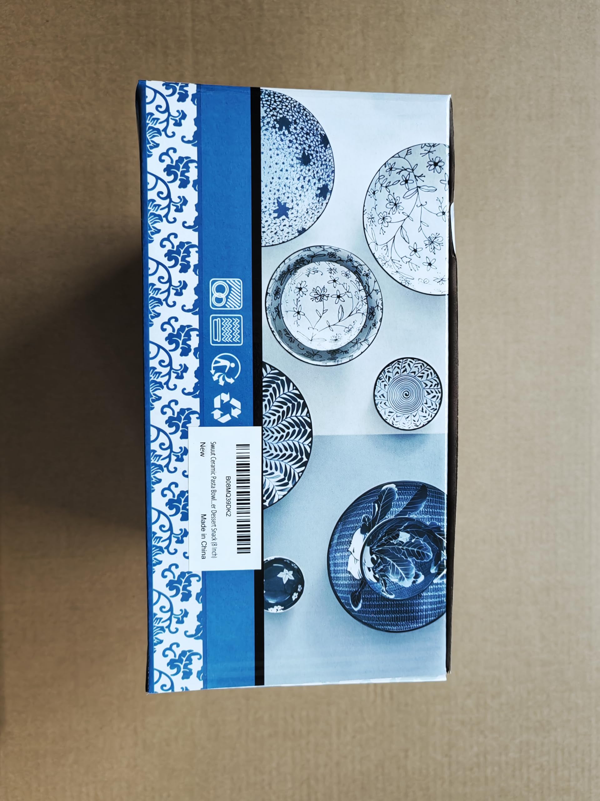 Swuut Ceramic Pasta Bowls Set,Blue and White 8 inch Salad Bowl Floral Dinner Shallow Plates Set of 4, Serving Bread Appetizer Dessert Snack (8 Inch)