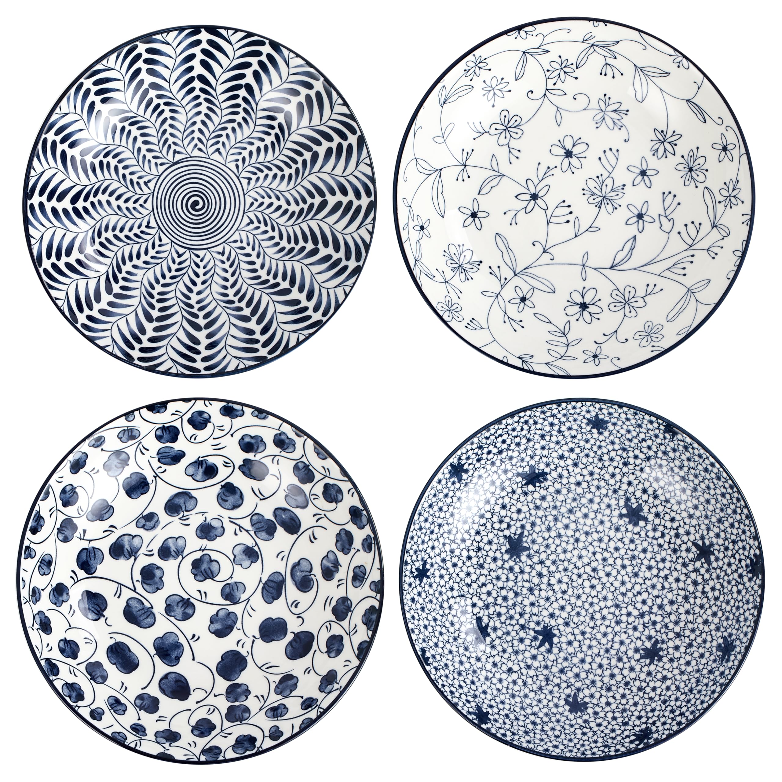 Swuut Ceramic Pasta Bowls Set,Blue and White 8 inch Salad Bowl Floral Dinner Shallow Plates Set of 4, Serving Bread Appetizer Dessert Snack (8 Inch)
