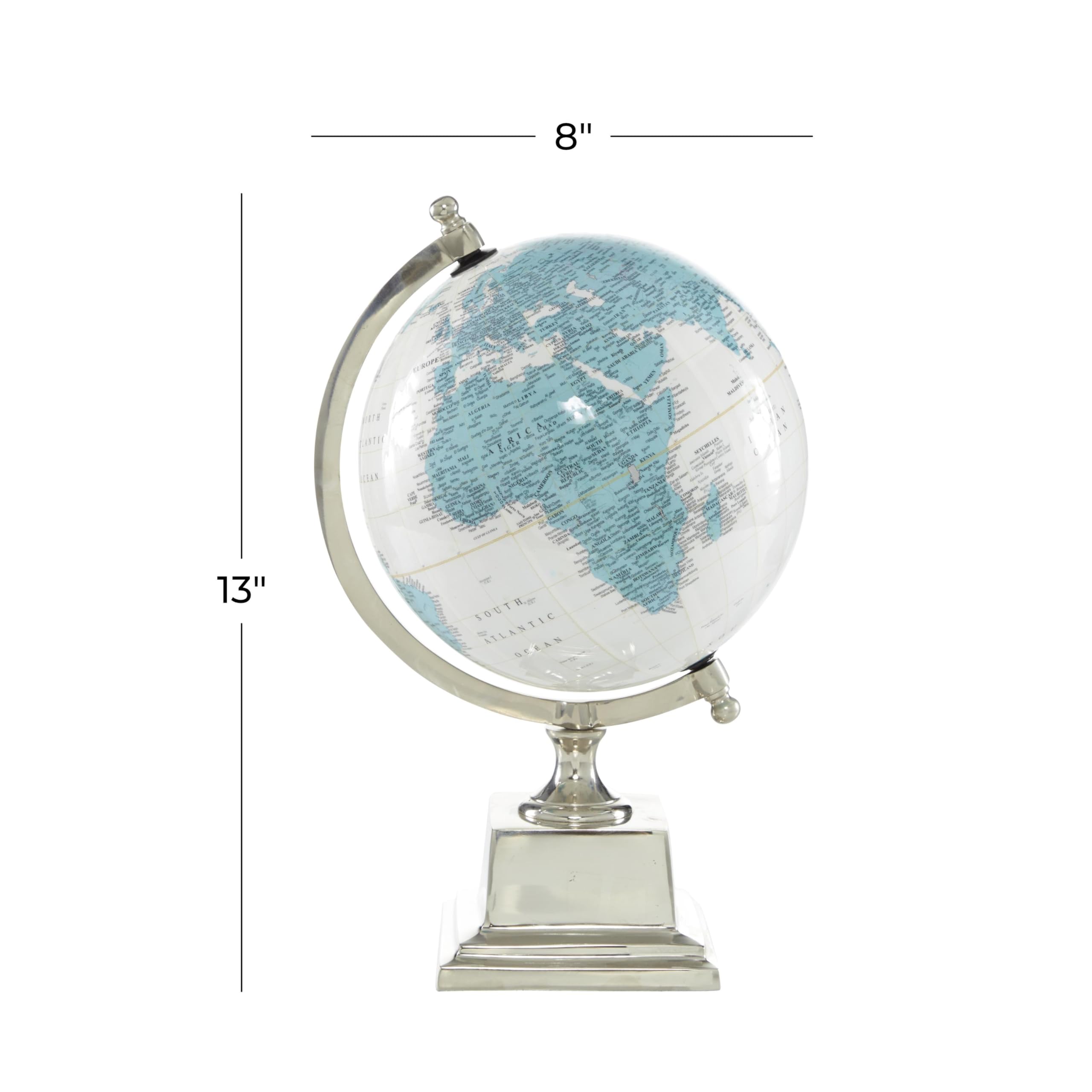 Deco 79 Aluminum Metal Educational/Geographic Earth Globe Decorative World Globe, Desk Globe 8" x 8" x 13", Blue