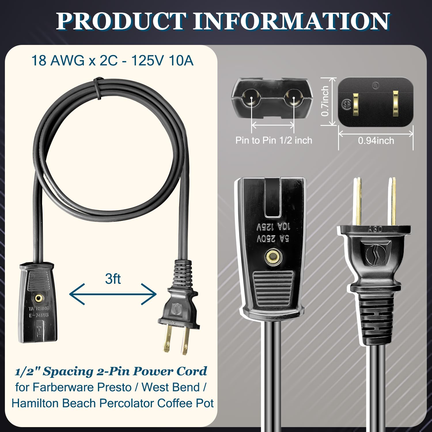 HASMX Power Cord 36" for West Bend Slow Cooker 84114 84124, Replacement Part 2pin Cord Black 3ft Length (1-Pack)