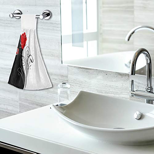 AUUXVA Hanging Hand Towels Beautiful Black White Red Rose Flower Kitchen Towels Absorbent Wipe Dish Towel Soft Washcloth Towels for Bathroom Gym Home Decor, 2 Pack
