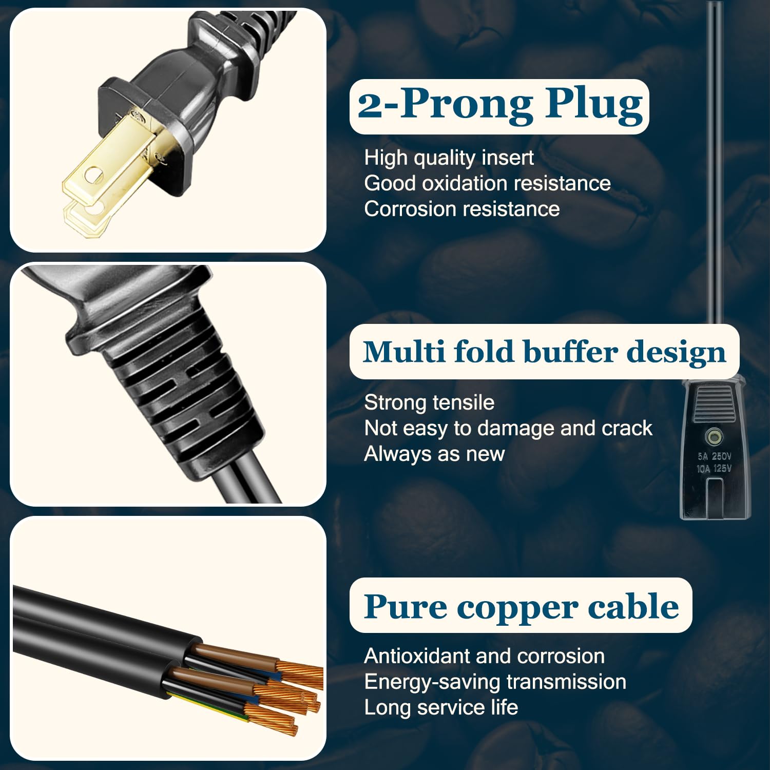 HASMX Power Cord 36" for West Bend Slow Cooker 84114 84124, Replacement Part 2pin Cord Black 3ft Length (1-Pack)