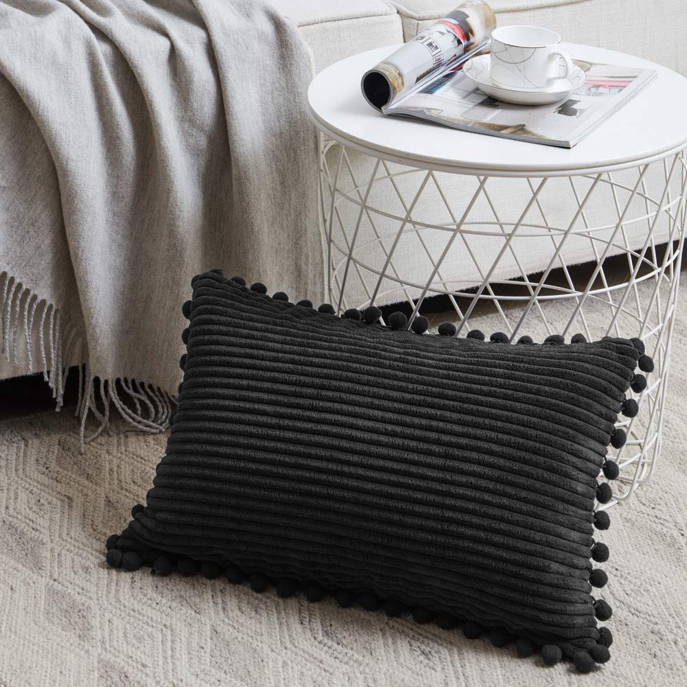 Fancy Homi Pack of 2 Black Lumbar Decorative Throw Pillow Covers with Pom-poms, Soft Corduroy Solid Rectangle Cushion Cases Set for Couch Sofa Bedroom Car Living Room (12x20 Inch/30x50 cm, Black)