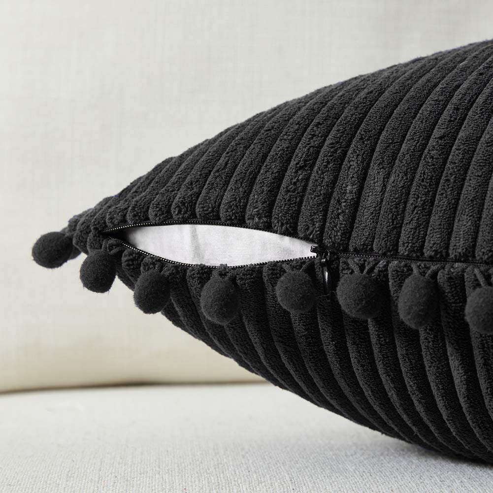 Fancy Homi Pack of 2 Black Lumbar Decorative Throw Pillow Covers with Pom-poms, Soft Corduroy Solid Rectangle Cushion Cases Set for Couch Sofa Bedroom Car Living Room (12x20 Inch/30x50 cm, Black)