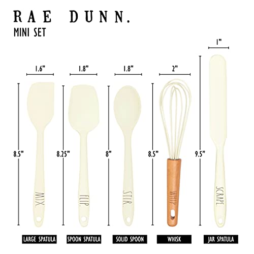 Rae Dunn Everyday Collection 5 Piece Mini Kitchen Utensil Set- Silicone Kitchen Tools with Beechwood Handles- (White)