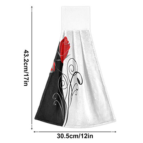 AUUXVA Hanging Hand Towels Beautiful Black White Red Rose Flower Kitchen Towels Absorbent Wipe Dish Towel Soft Washcloth Towels for Bathroom Gym Home Decor, 2 Pack