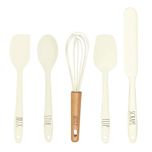 Rae Dunn Everyday Collection 5 Piece Mini Kitchen Utensil Set- Silicone Kitchen Tools with Beechwood Handles- (White)