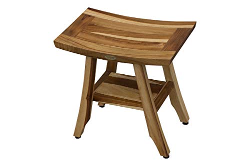 EcoDecors Satori Shower Stool Teak Wood Shower Bench with Curved Seat and Shelf 17ā³ Wooden Seat Shower Stool in Earthy Teak Finish