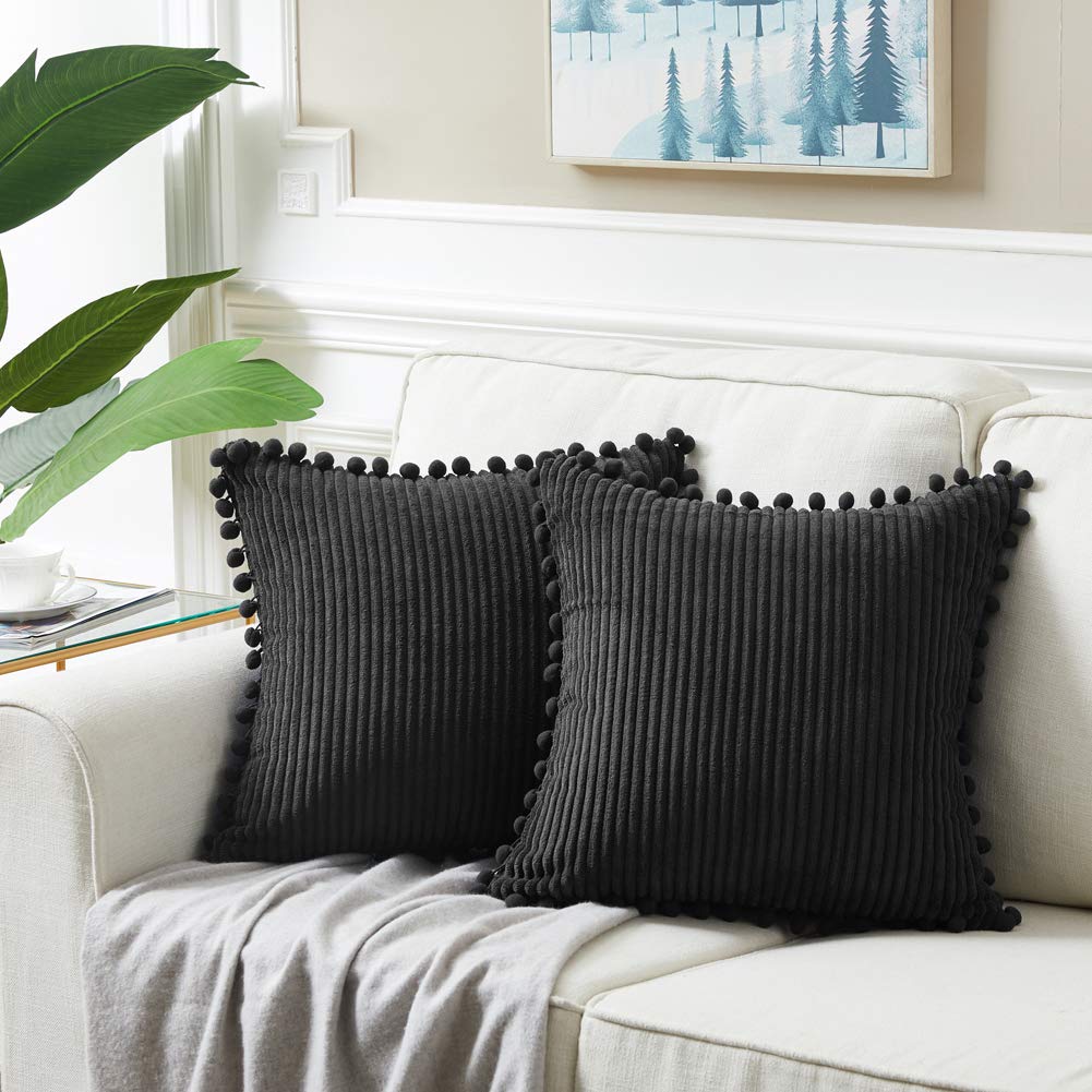 Fancy Homi Pack of 2 Black Lumbar Decorative Throw Pillow Covers with Pom-poms, Soft Corduroy Solid Rectangle Cushion Cases Set for Couch Sofa Bedroom Car Living Room (12x20 Inch/30x50 cm, Black)
